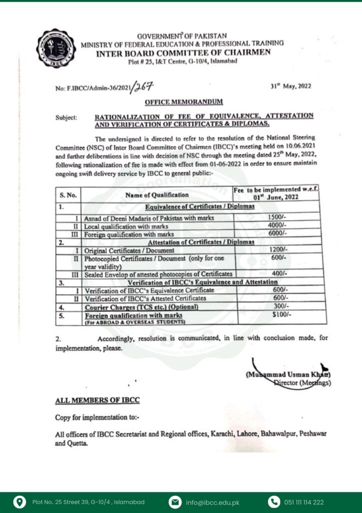 Rationalization of Fee of Equivalence, Attestation, and Verification of ...